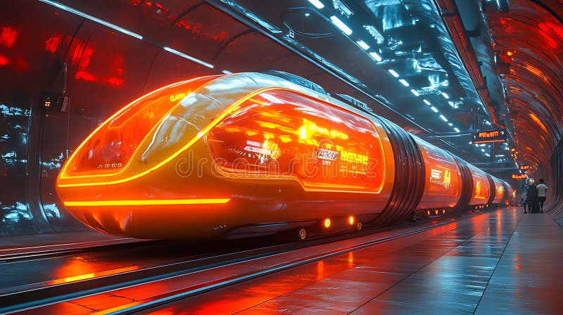 A Futuristic Train with Glowing Orange Lights Pulls into a Station ...