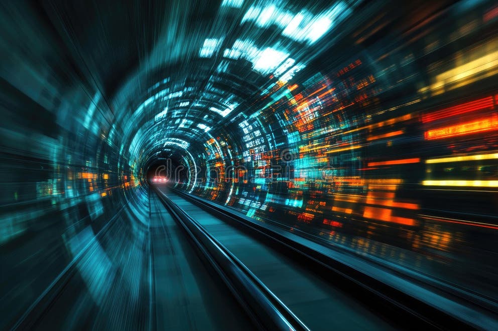 A Futuristic Train Hurtling through a Tunnel Lined with Flickering, Glitchy Advertisements Stock ...