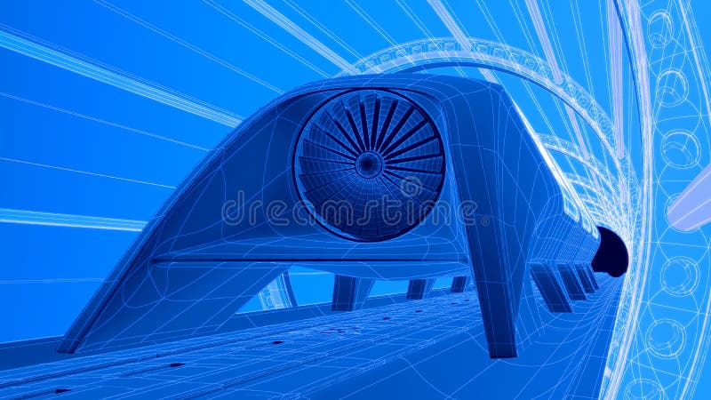 Futuristic Train Module on Magnetic Track, Blueprint Background. 3d ...