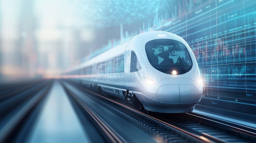 Futuristic Train in Motion on a High-speed Rail Surrounded by Digital ...