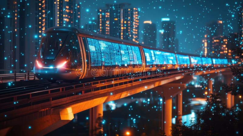 Futuristic Train Moving on Elevated Track in Smart City at Night Stock ...