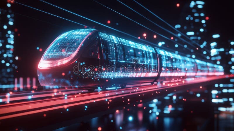 Futuristic Train Moving through Smart City at Night Using Artificial ...