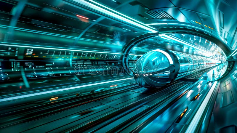 Futuristic Train Moving through Tunnel with Motion Blur Effect Stock ...