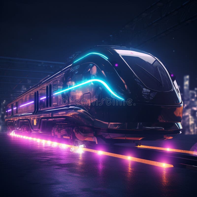 Futuristic Train with Neon Lights Stock Illustration - Illustration of ...