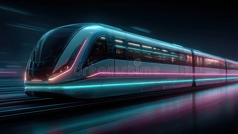 A Futuristic Train with Neon Lights on it is Traveling Down the Tracks ...