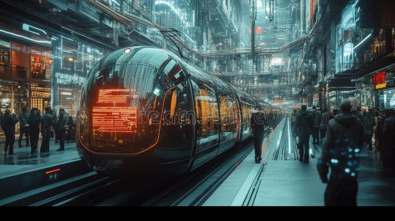 A Futuristic Train Pulls into a Crowded Station in a Cyberpunk City ...