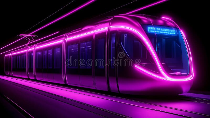 Futuristic Train with Purple Neon Lights 3D Illustration Stock ...