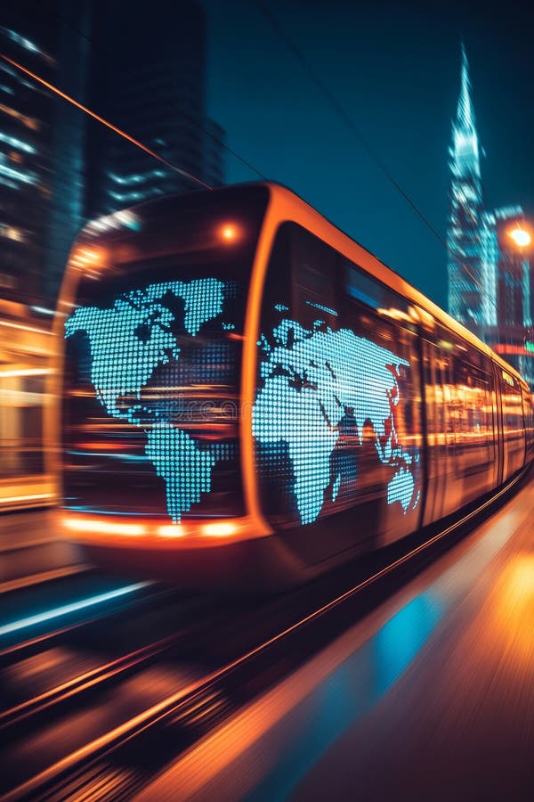 Futuristic Train Races through Cyber City, Emblazoned with World Map ...