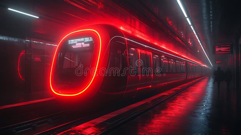 A Futuristic Train with Red Neon Lights Waits at a Subway Station ...