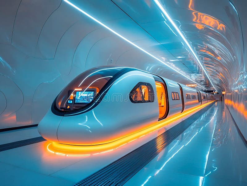 A Futuristic Train at Rest on Lit Tracks in a Tunnel with Advanced ...