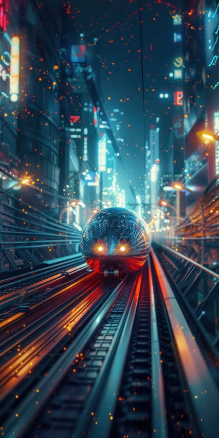 A Futuristic Train Ride through a Cyberpunk City Stock Illustration ...