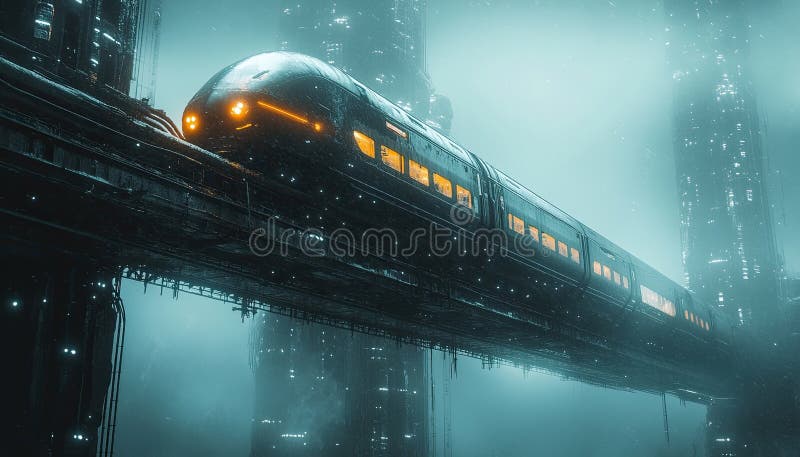 A Futuristic Train Speeding Across a Bridge Suspended in the Sky, with ...
