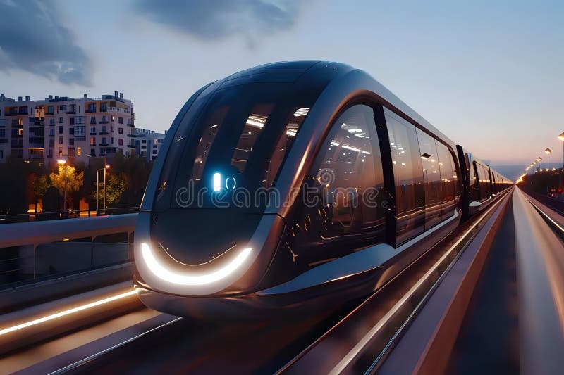 Futuristic Train Speeds through City at Dusk, Innovative Transportation ...