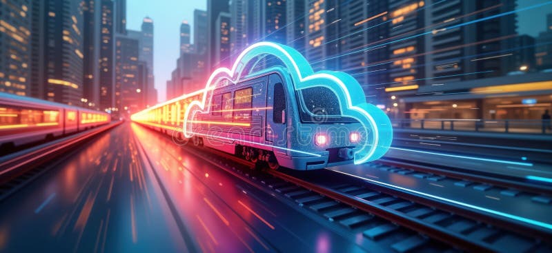 Futuristic Train Speeds through City at Night. Cloud Computing Concept. Train Glows with Bright ...