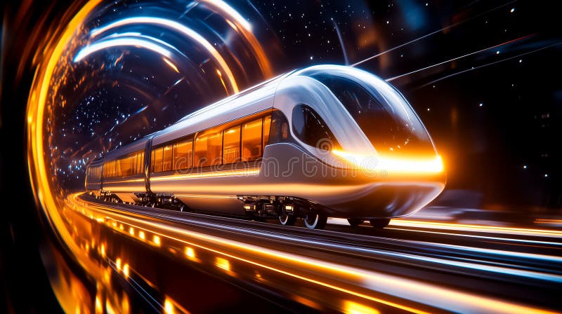 Futuristic Train Speeds through Neon Tunnel with Dynamic Light Effects ...