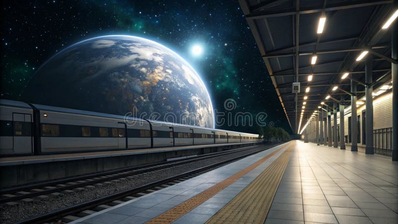 Futuristic Train Station with Empty Platform and Earth in Background ...