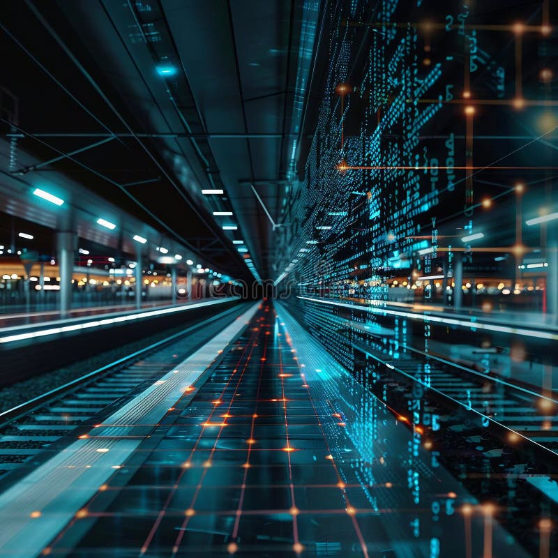 A Futuristic Train Station Glows with a Digital Matrix-like Light, Its ...