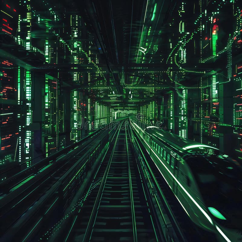 Futuristic Train Station Glows Vibrant Green Light Its Intricate ...