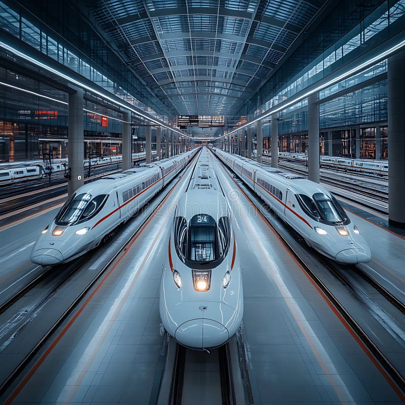 Futuristic Train Station with High-Speed Trains in Modern Environment ...