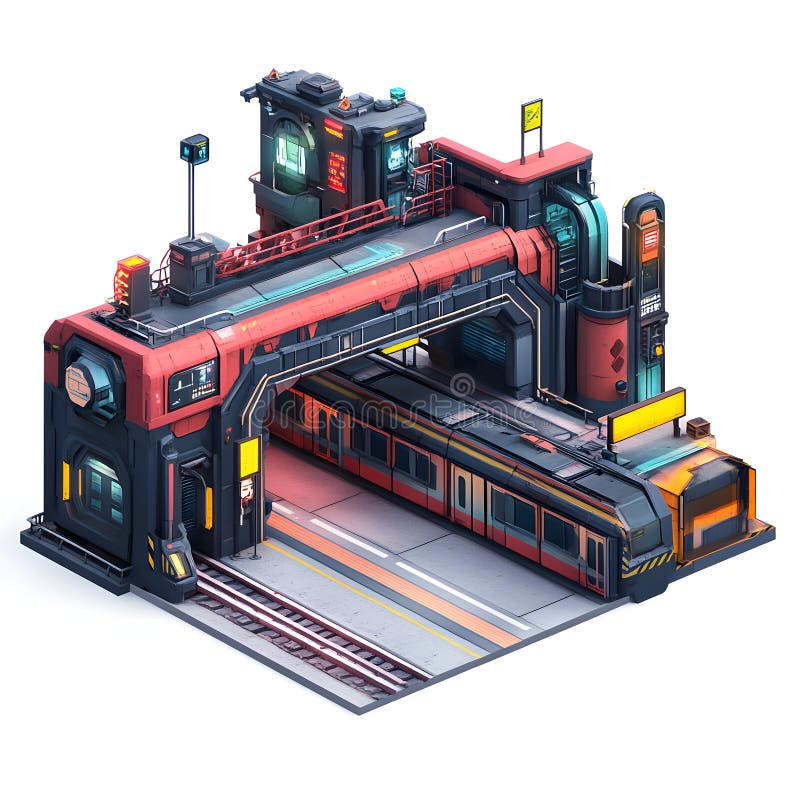 Futuristic Train Station Isometric Illustration with Elevated Platform ...