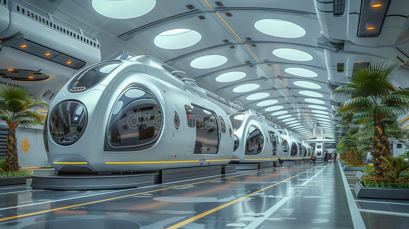 Futuristic Train Station with Modern Trains Stock Illustration ...