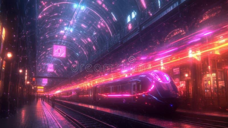 Futuristic Train Station at Night with Neon Lights Stock Illustration ...