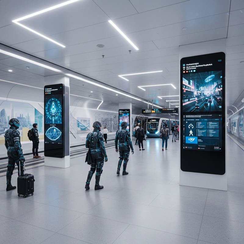Futuristic Train Station with People in Tech Wear and Screens ...