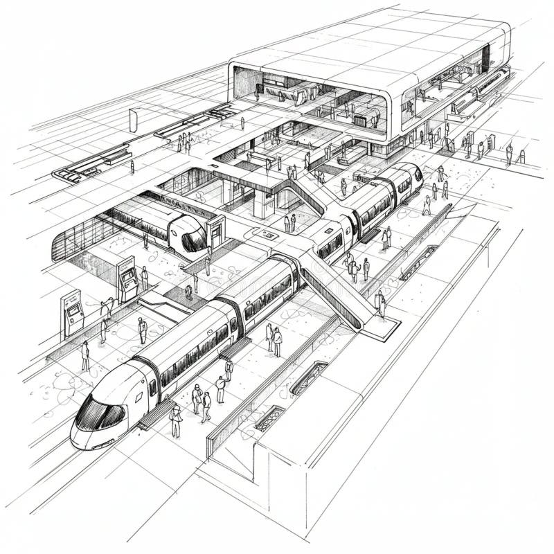 Futuristic Train Station Sketch Illustrating Multiple Platforms ...