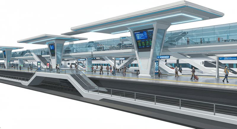 Futuristic Train Station with Sleek, Modern Design Featuring Large ...