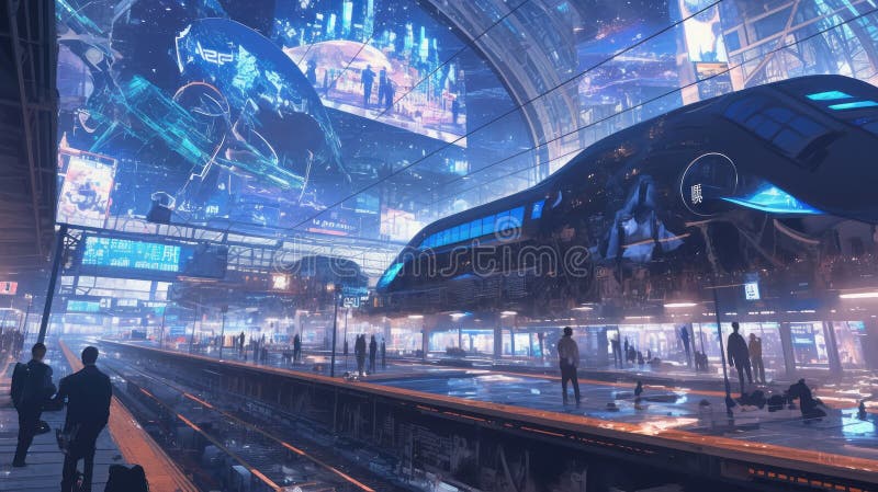 Futuristic Train Station with Sleek Trains and Neon Signs Stock ...