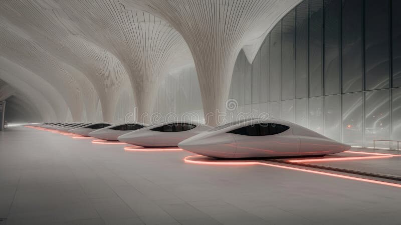 A Futuristic Train Station with Sleek, White Trains and a Curved ...