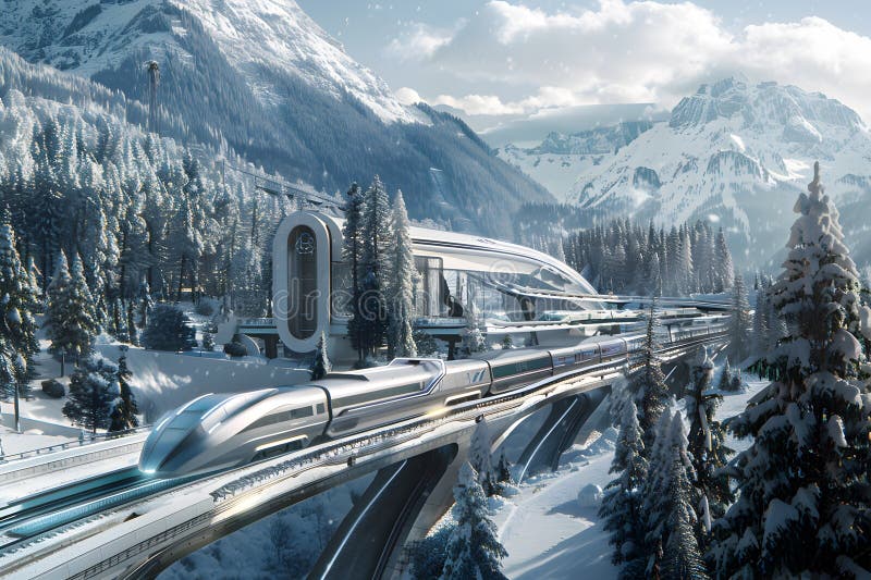 A Futuristic Train Station in a Snowy Mountain Landscape with Advanced ...