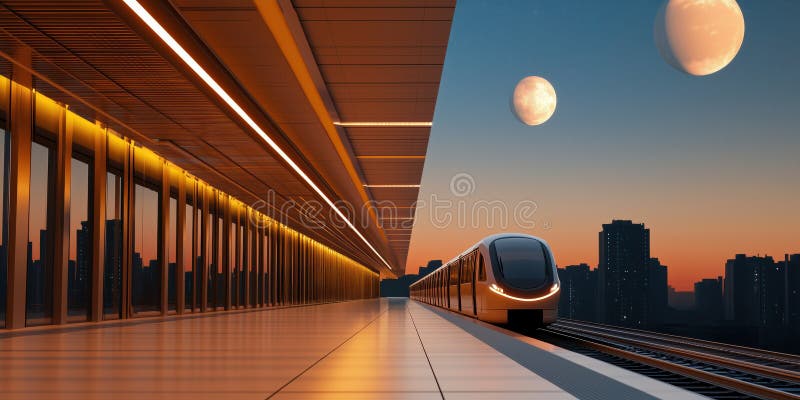 Futuristic Train Station in Space with Planets Visible at Sunset Stock ...