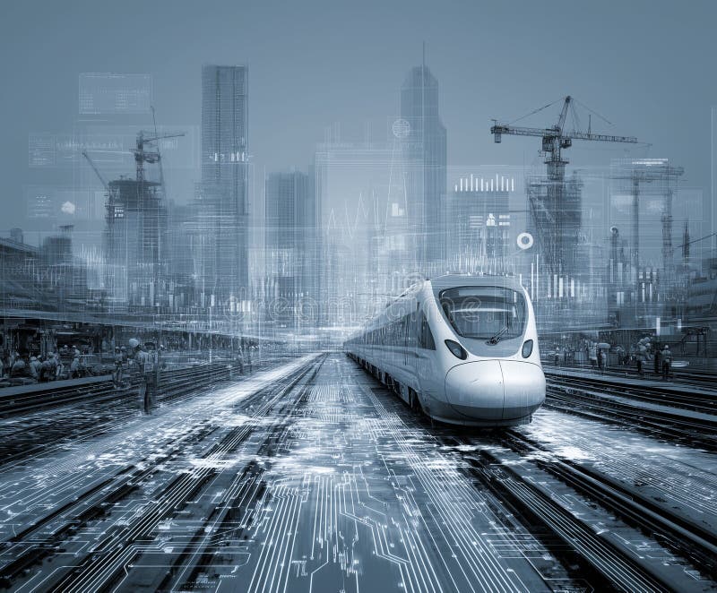 Futuristic Train on Tracks in City with Digital Elements and ...