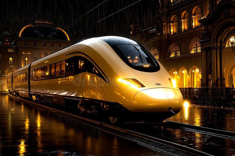 A White Train Traveling through a City at Night Stock Photo - Image of ...