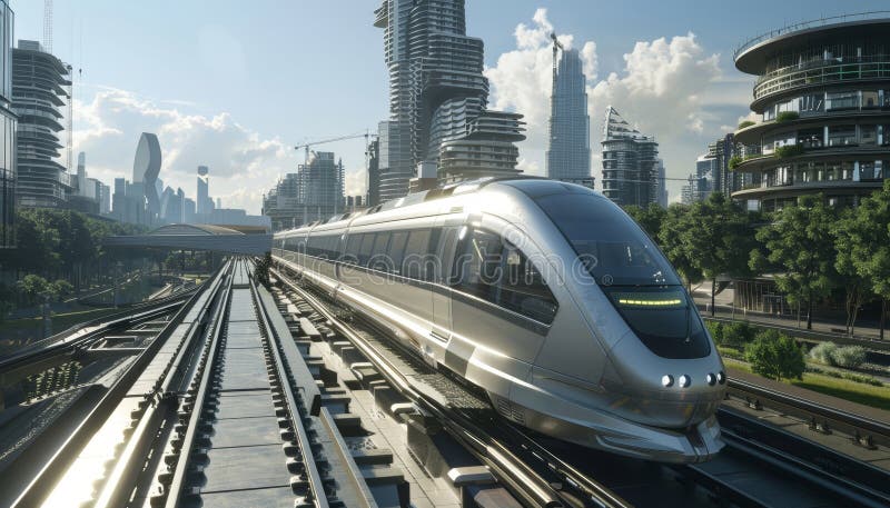 A Futuristic Train is Traveling Down a Track in a City by AI Generated ...