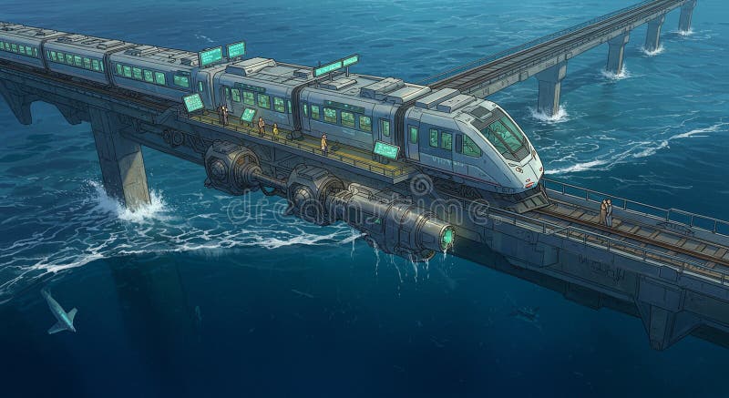 A Futuristic Train Travels on an Elevated Bridge Over an Ocean. the ...