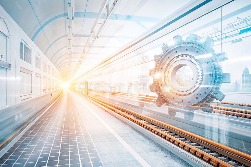 Futuristic Train Tunnel, Gear Graphic, City View, Sunlight Stock ...
