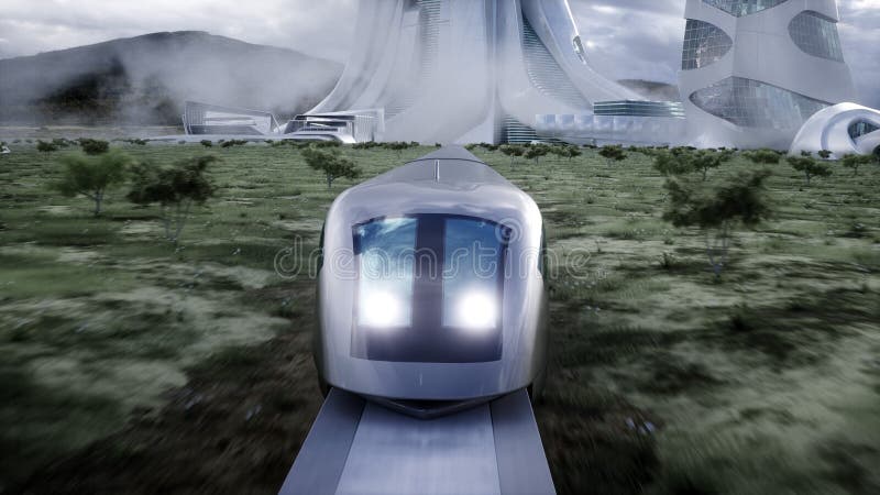 Futuristic Train Very Fast Driving. Futuristic City Concept. 3d ...