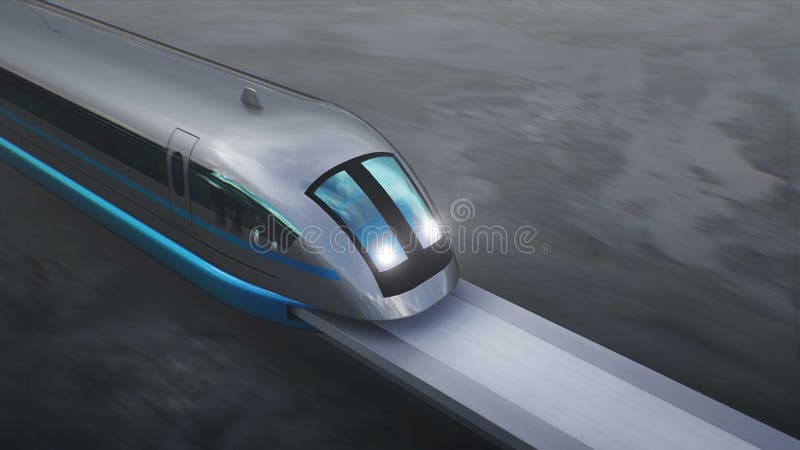 Futuristic Train Very Fast Driving on Desert Stone Highway. Futuristic ...