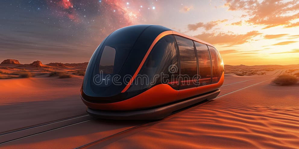 Futuristic Tram on Mars Surface with Galaxy View at Sunset Stock ...