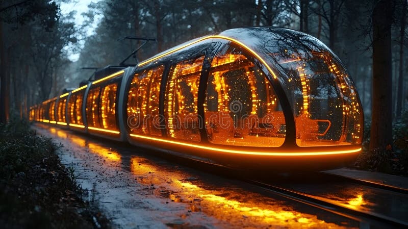 Futuristic Tram, Rain, Forest, Night, Travel Stock Photo - Image of ...