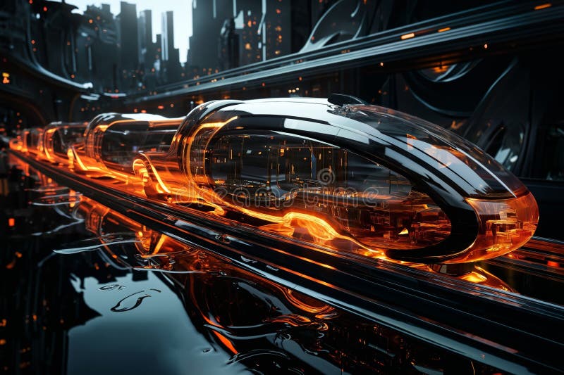 Futuristic Tram or Train on the Way on the Streets of the City ...