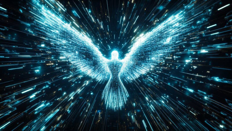 A Futuristic Transformation Unfolds in Close-up As a Digital Phoenix ...