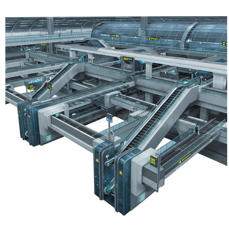 Futuristic Transit Hub with Multiple Intersecting Escalators and ...