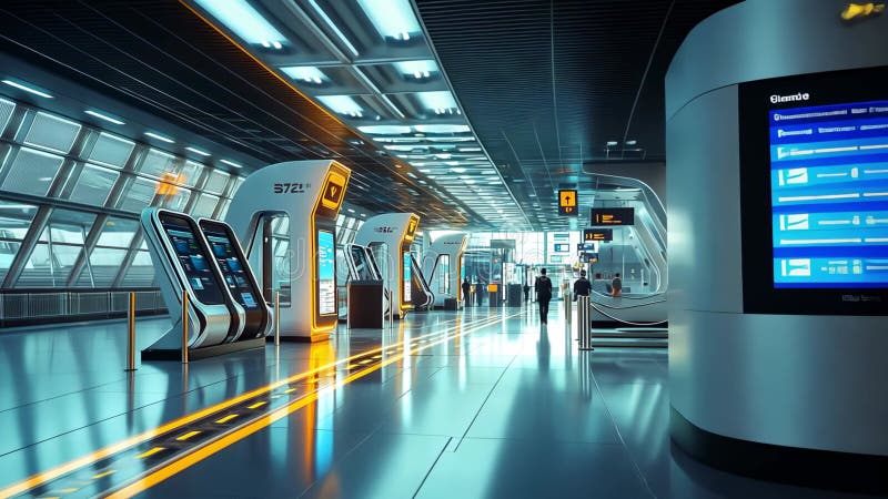 Futuristic Transit Station Interior with Passengers, Digital Kiosks ...