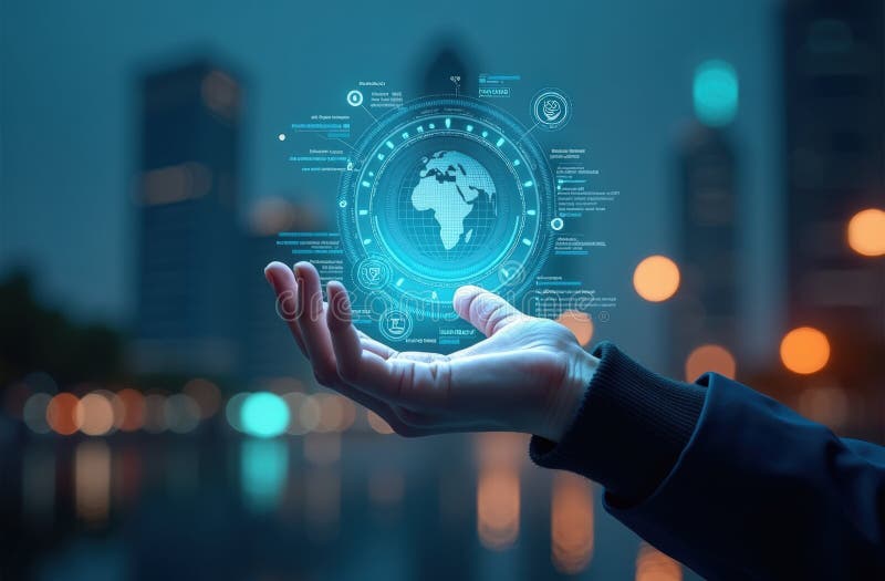 Futuristic AI Wearable Interface with Blurred Urban City Background ...