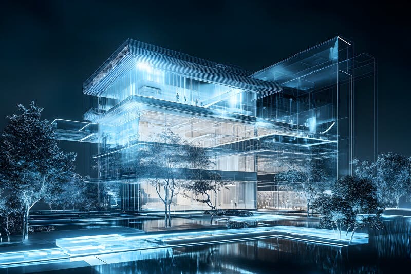 Futuristic Transparent Building Design with Glass Architecture at Night ...