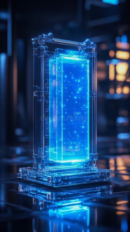 Futuristic Transparent Computer Server with Glowing Blue Lights in Dark ...