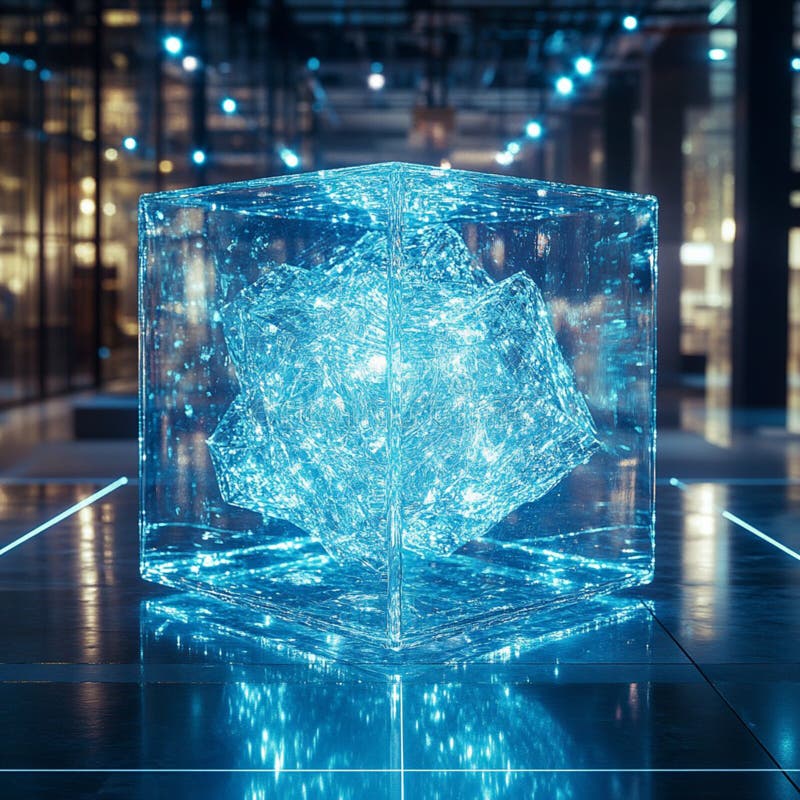 Futuristic Transparent Cube Displaying Glowing Crystal Structure in ...